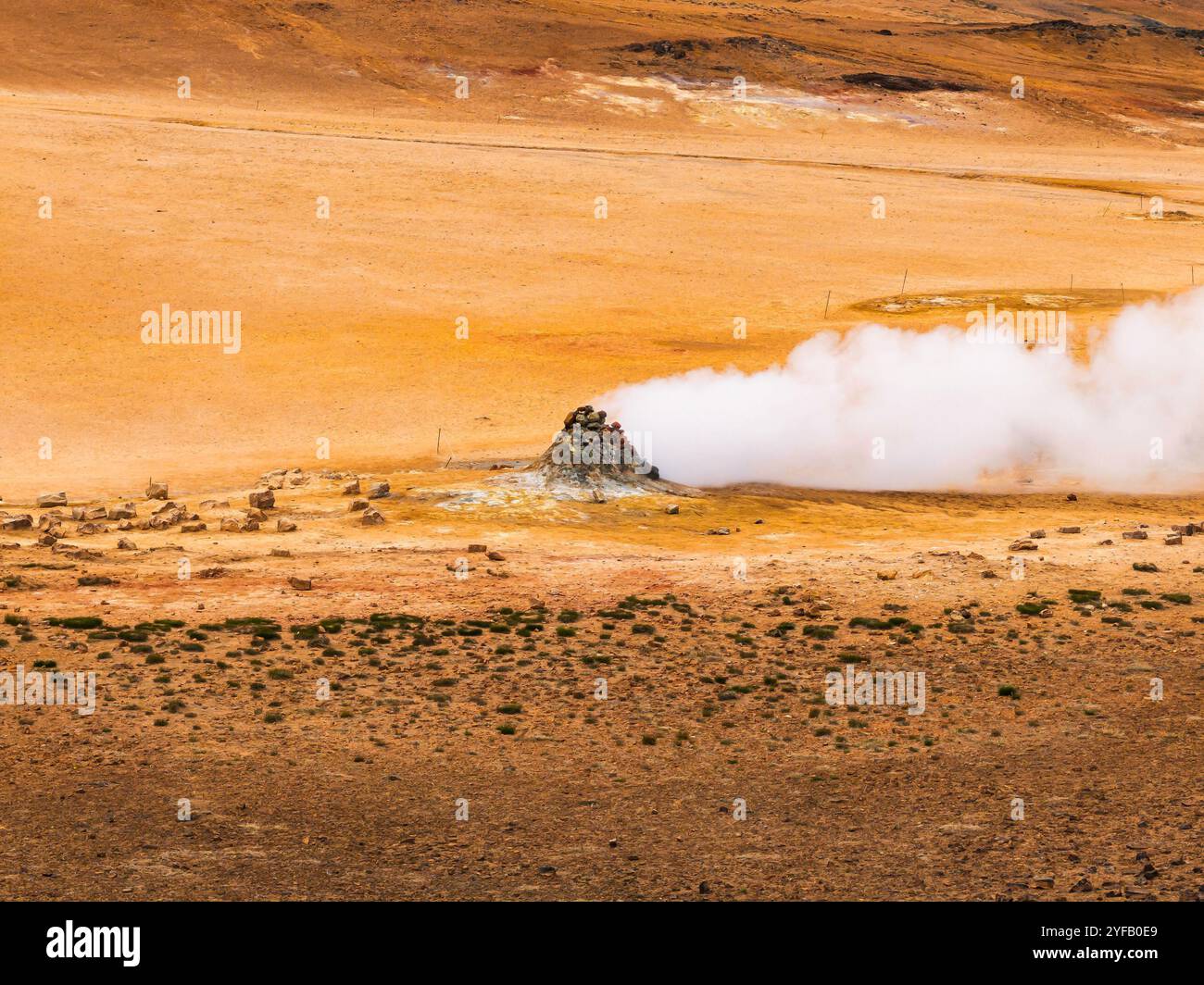 Aerial view of Hverir Geothermal Area in Iceland, capturing boiling mud ...