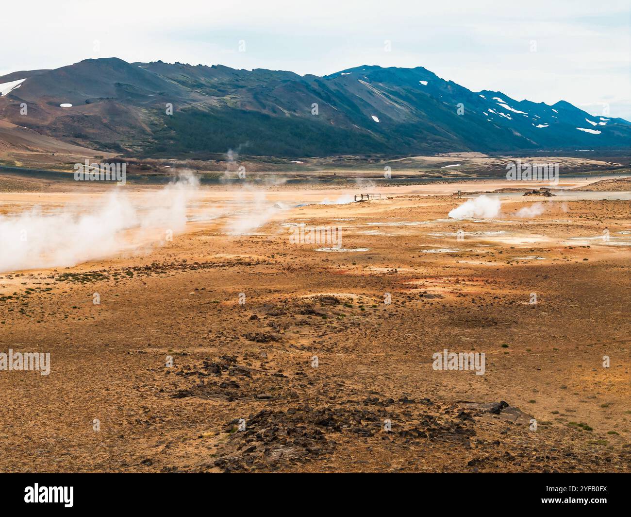 Aerial view of Hverir Geothermal Area in Iceland, capturing boiling mud ...