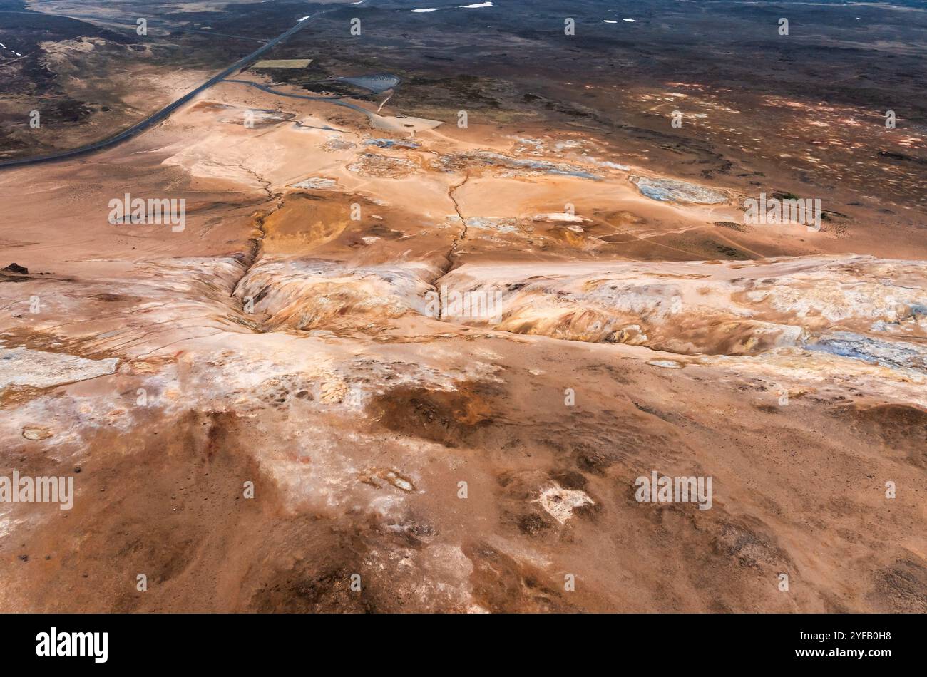 Aerial view of Hverir Geothermal Area in Iceland, capturing boiling mud ...