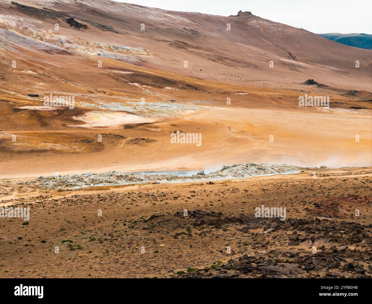 Aerial view of Hverir Geothermal Area in Iceland, capturing boiling mud ...