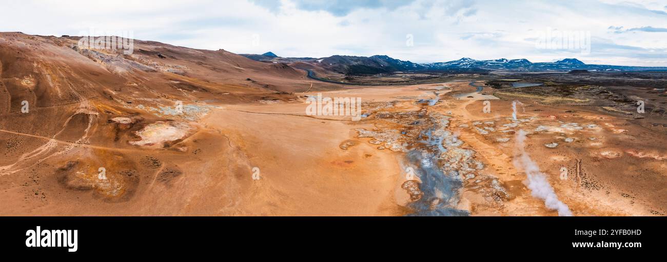 Aerial view of Hverir Geothermal Area in Iceland, capturing boiling mud ...