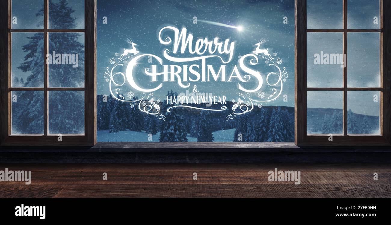 Hut open window with night view of a wintry landscape and Christmas ...