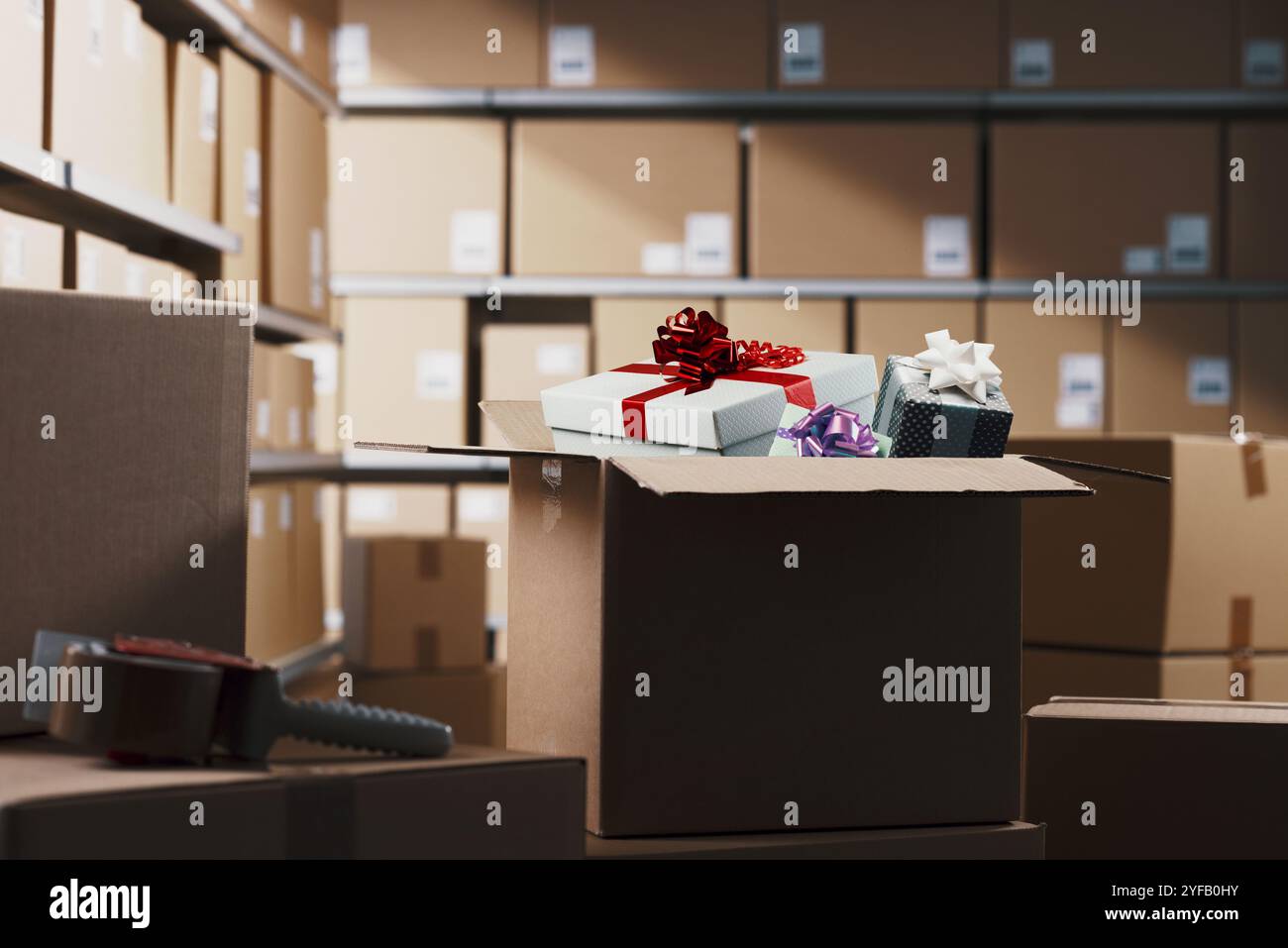Christmas gifts in a big delivery box at the warehouse: holidays and ...