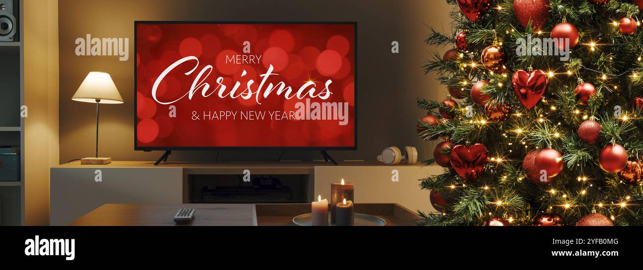 Christmas wishes on the TV screen and room interior Stock Photo - Alamy