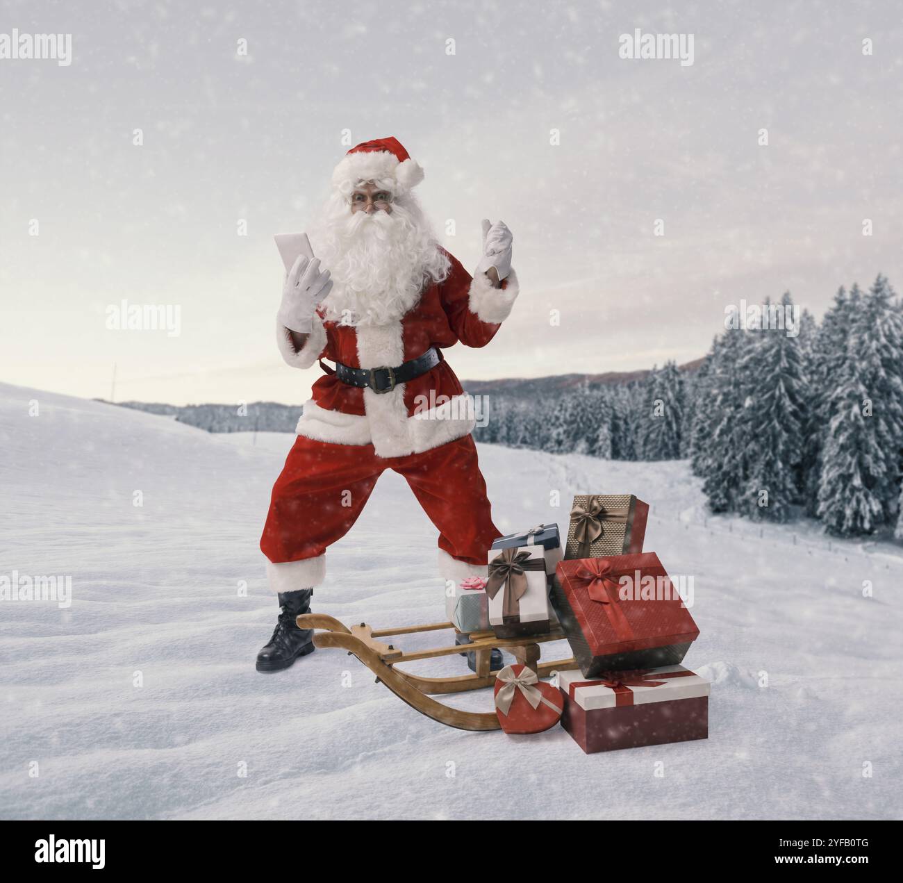 Angry Santa Claus delivering gifts and using a smartphone, he is lost and the phone has no ...