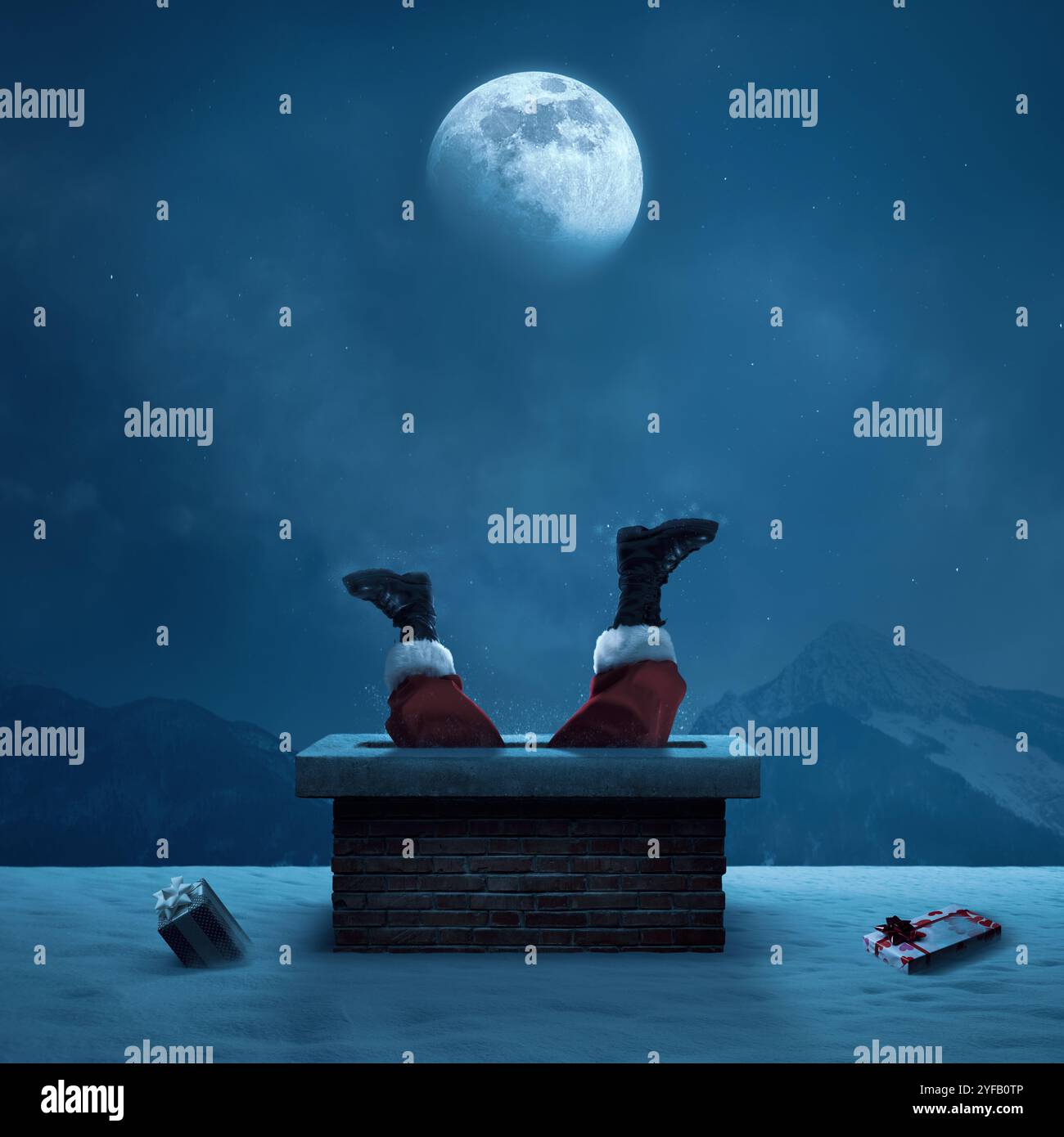 Funny Santa Claus stuck with feet up in a chimney on a roof, he is ...