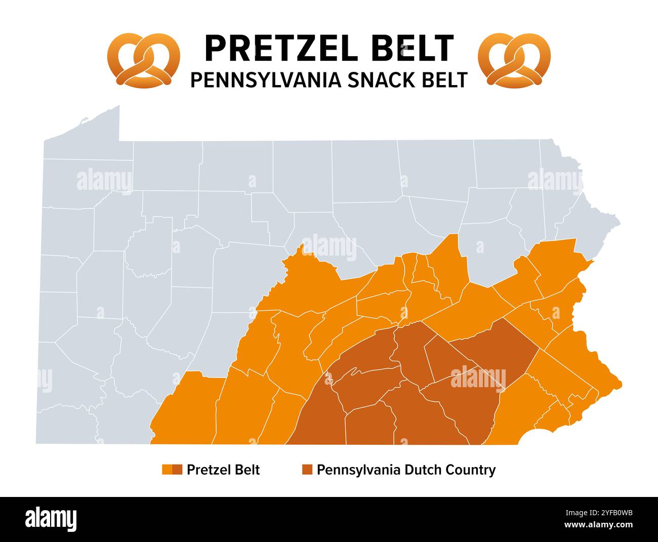 Pretzel Belt, or Pennsylvania Snack Belt, political map. Cultural ...