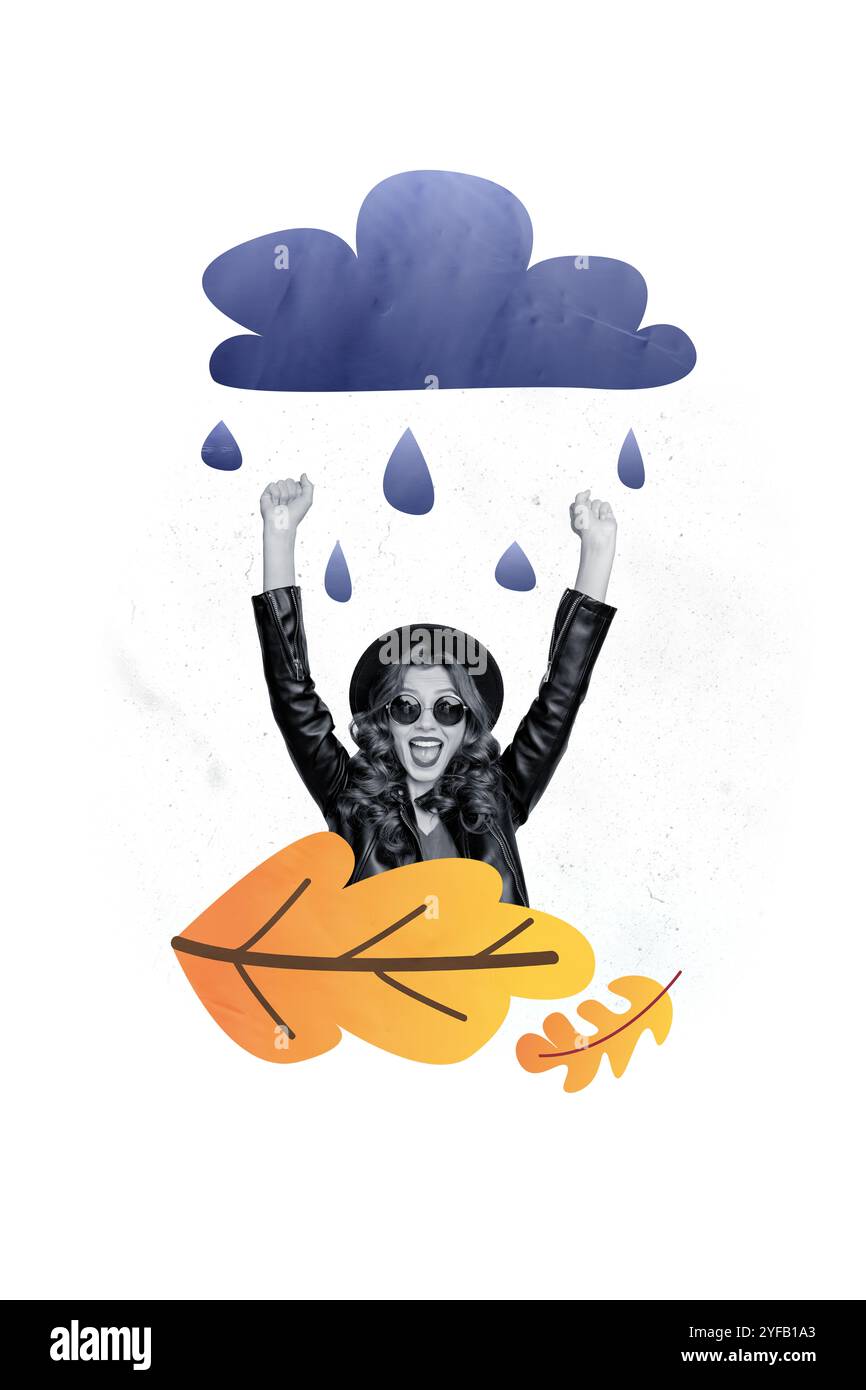 Creative collage of active dancing lady party rainfall weather fall ...