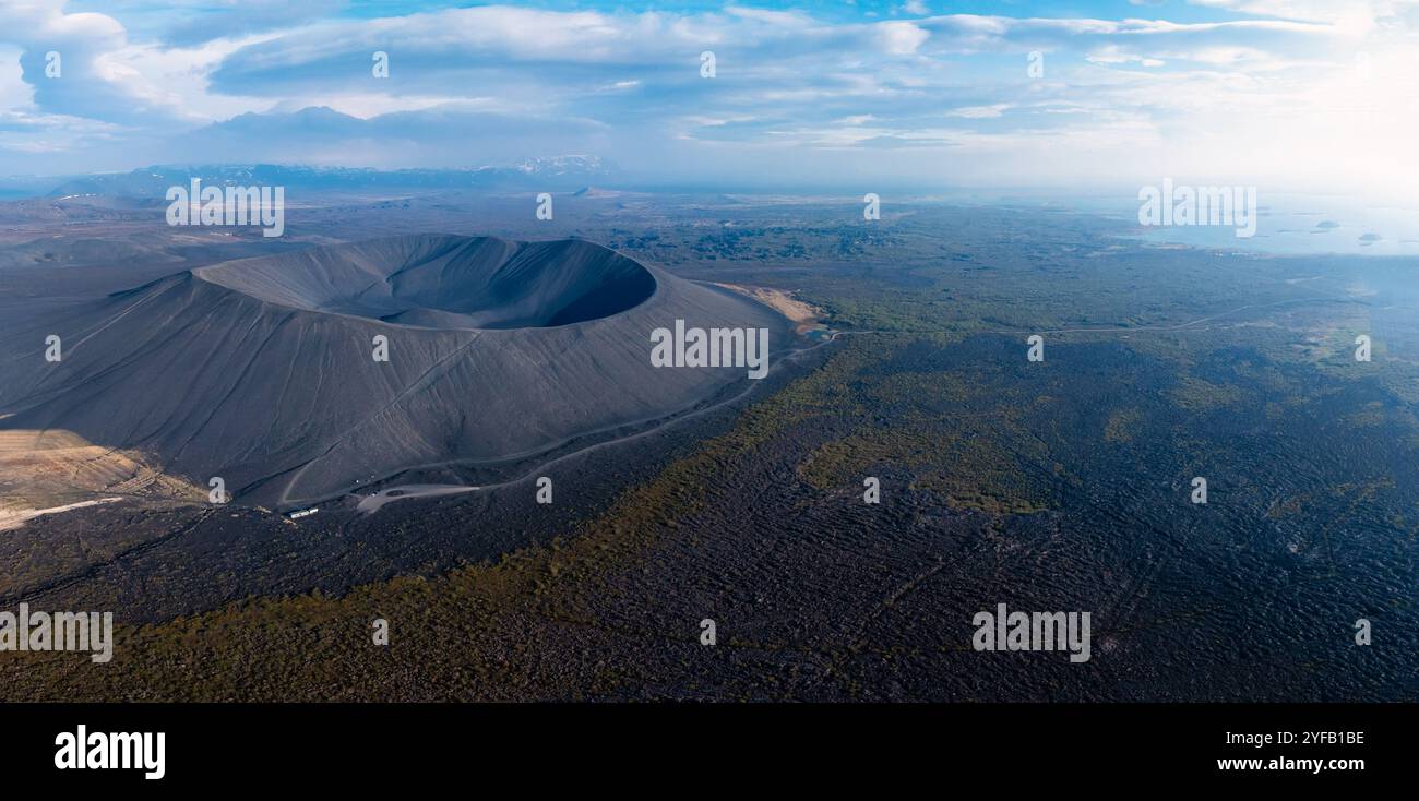 Aerial view of Hverfjall volcano crater in Iceland, a large Tephra cone ...