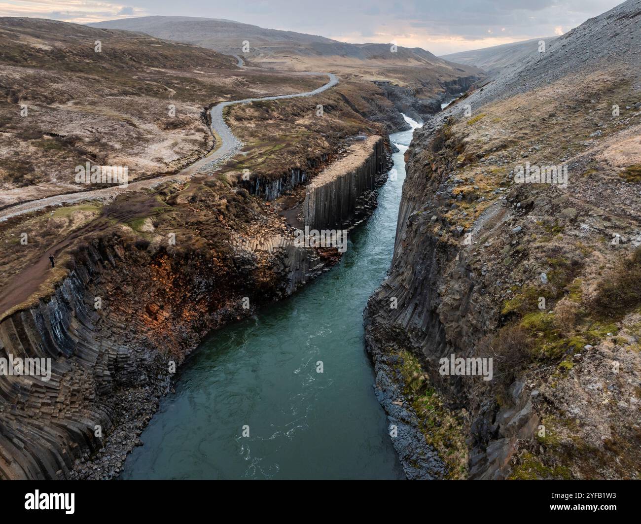 Aerial view of the Studlagil Canyon in Iceland with a beautiful view of ...