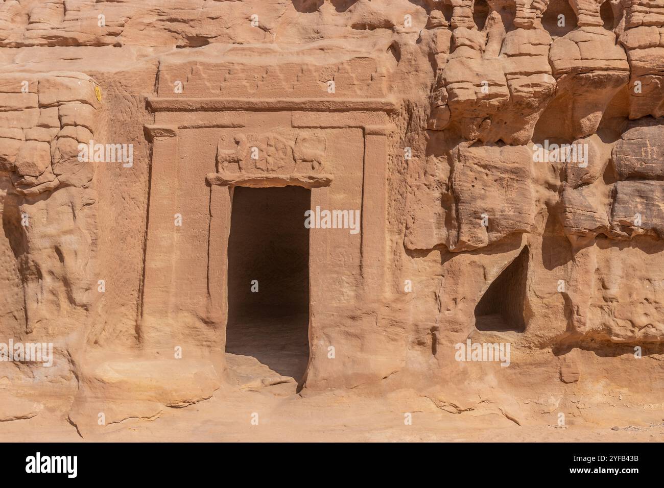 Rock cut tomb 37 (Lion tomb) in Jabal Al Banat hill at Hegra (Mada'in ...