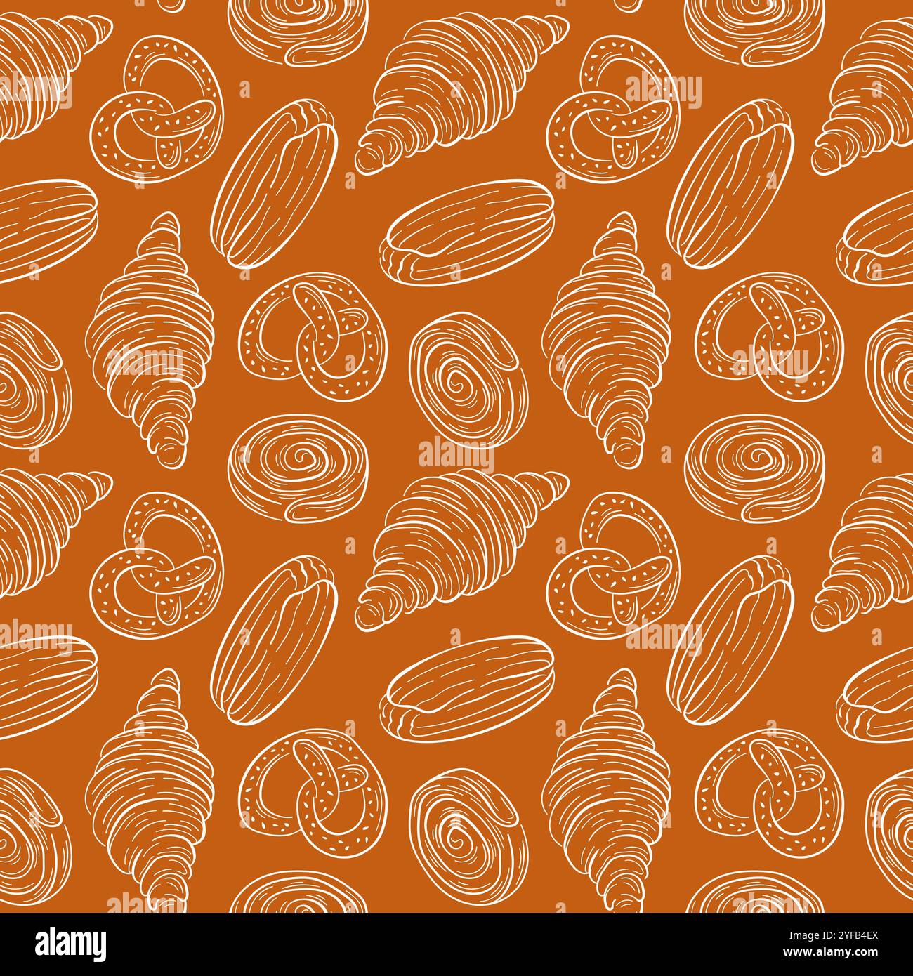 Seamless pattern featuring various bakery food croissant, pretzel ...