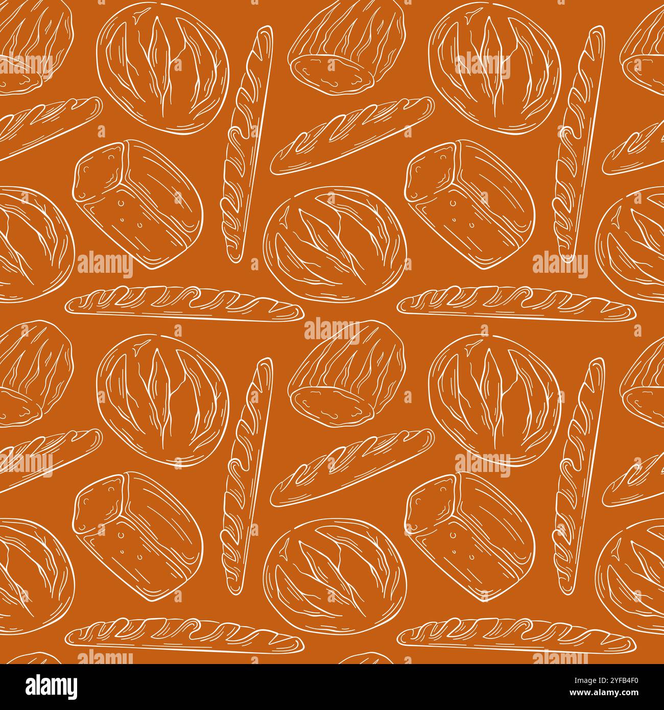 Seamless bakery pattern on brown background with white line art drawing ...