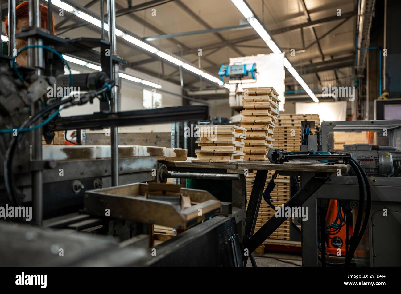 Worker handling stacks of wooden planks in a woodworking factory ...