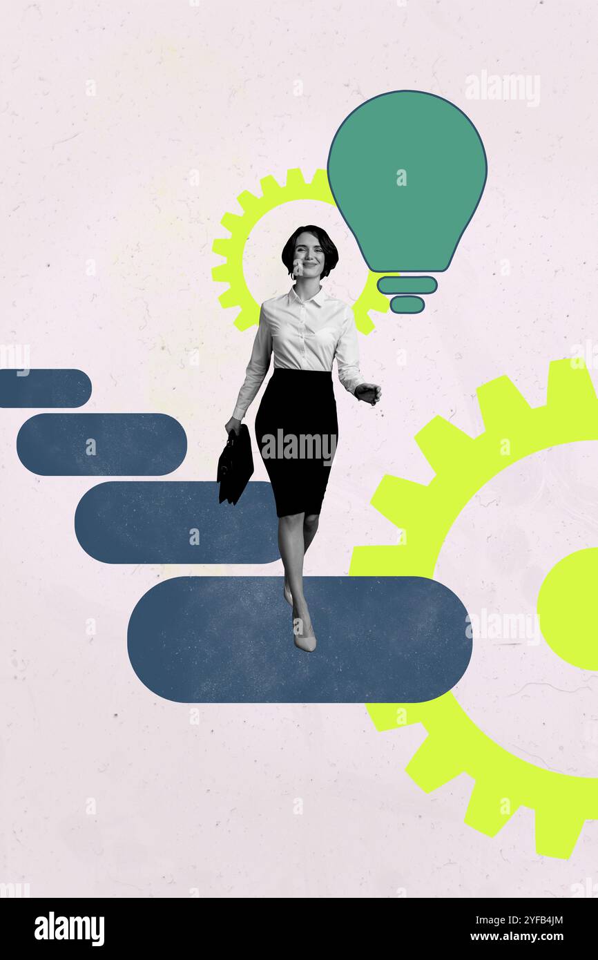 Vertical photo collage of happy businesswoman walk promotion light bulb ...