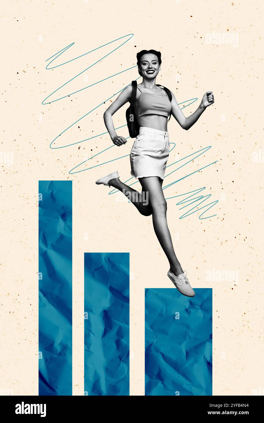 Vertical poster collage cheerful woman walk charts step statistics ...