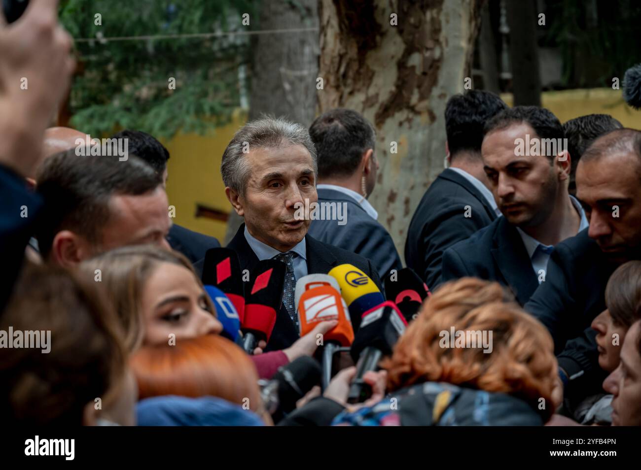 Bidzina Ivanishvili talking to the press after voting for the 2024 ...