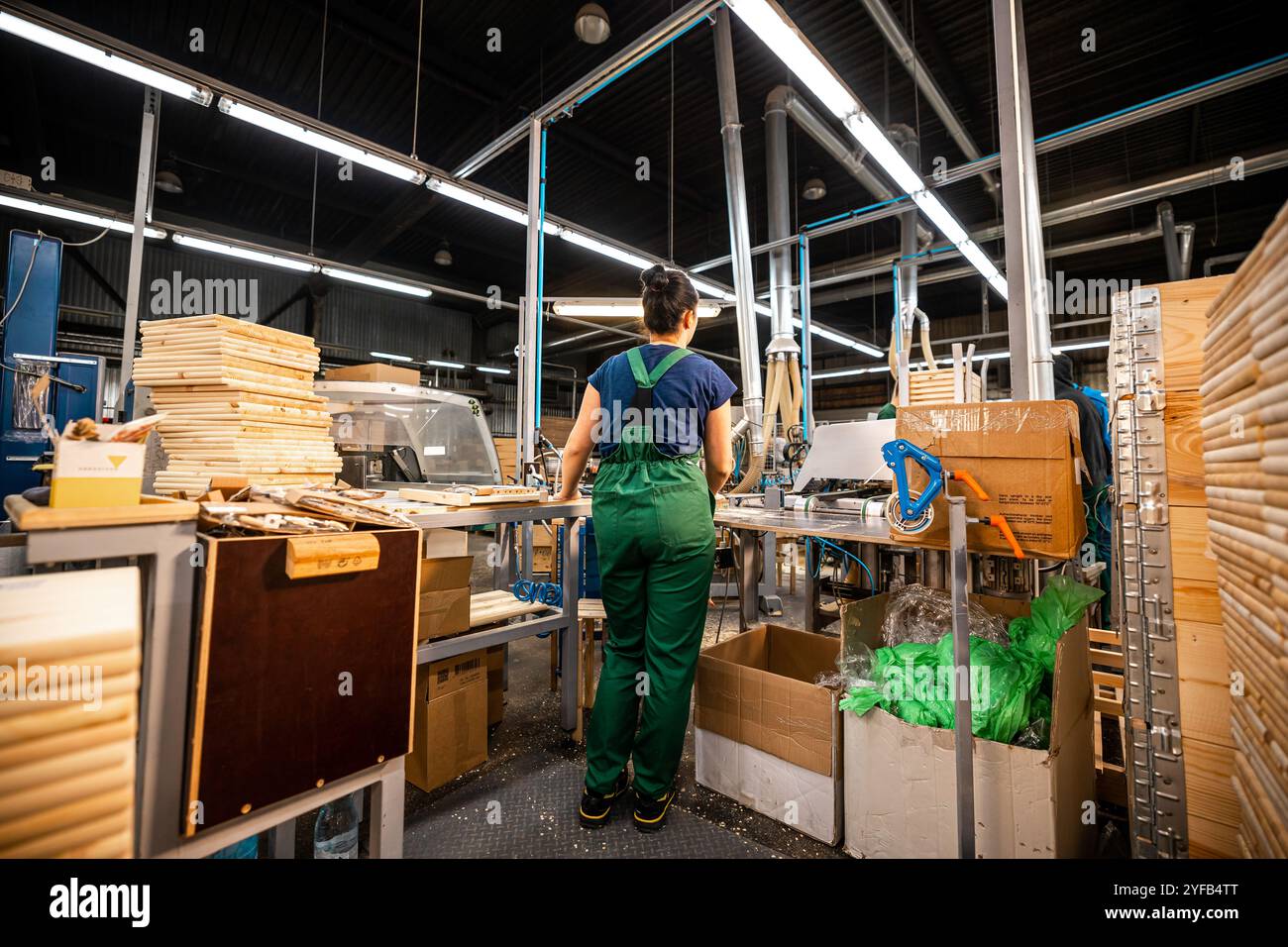 Worker handling stacks of wooden planks in a woodworking factory ...