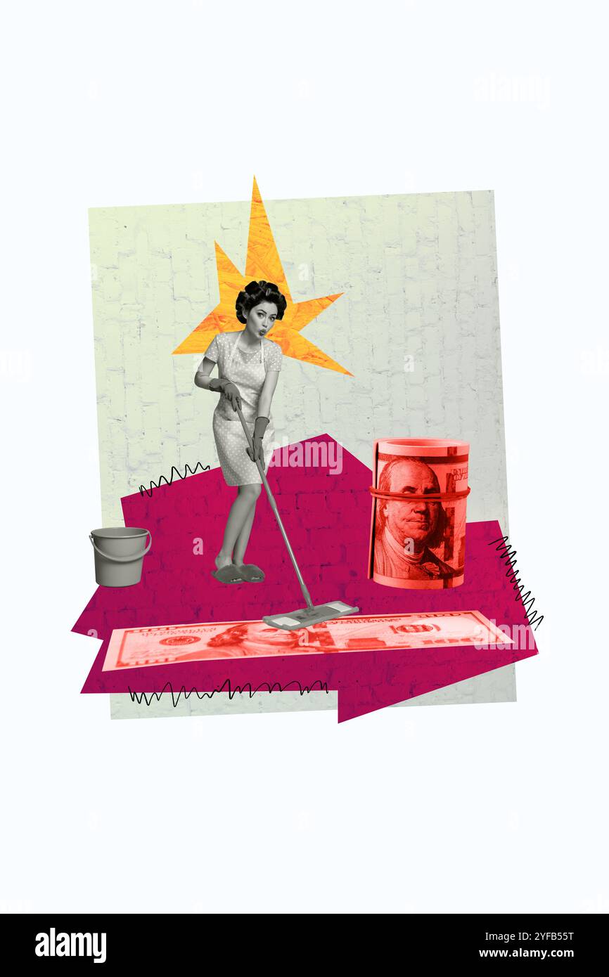 Vertical photo collage of happy housewife girl mop floor bucket money ...