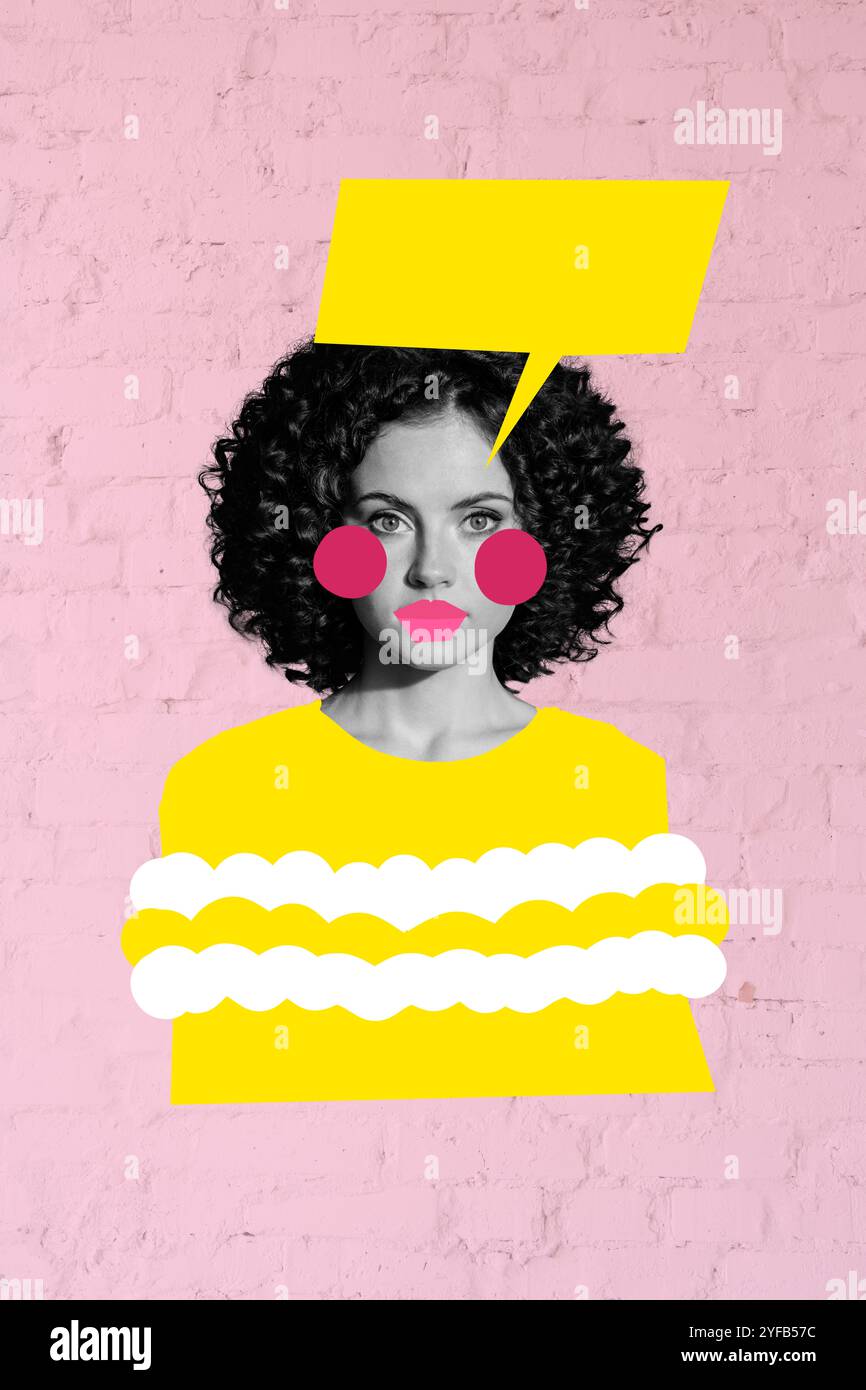 Vertical photo collage of serious girl fizzy hairdo plump lips ...