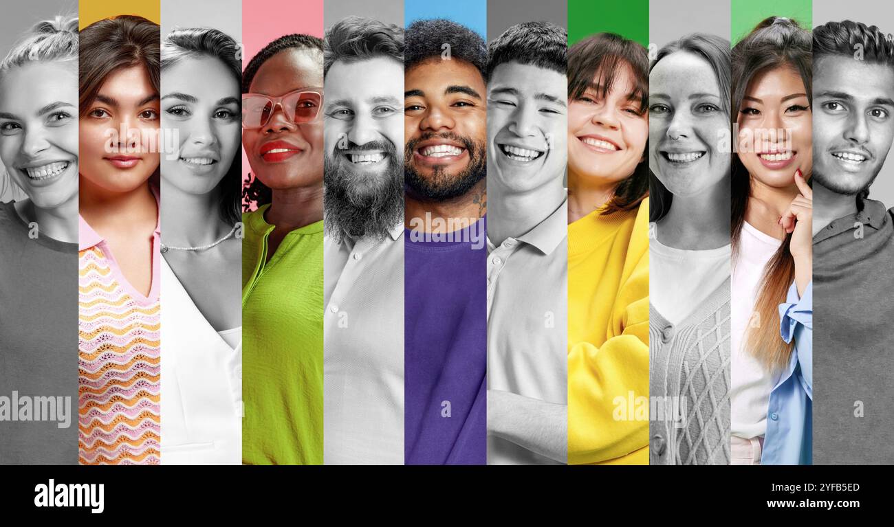 Collage. Vibrant portraits of diverse individuals, with mix of color ...