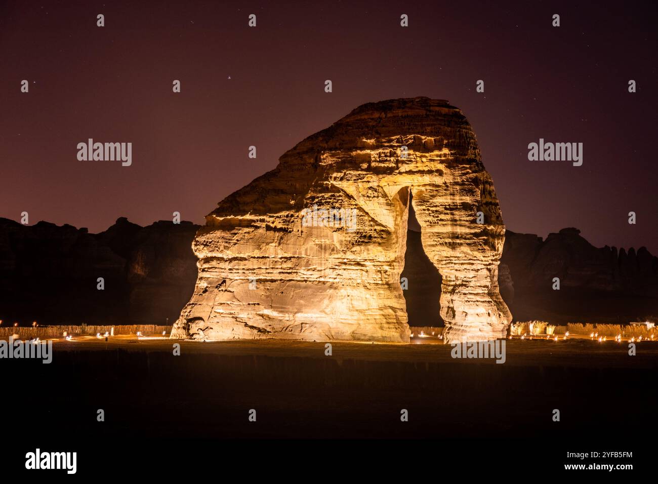 Night view of Jabal Al-Fil (Elephant Rock) rock formation near Al Ula ...