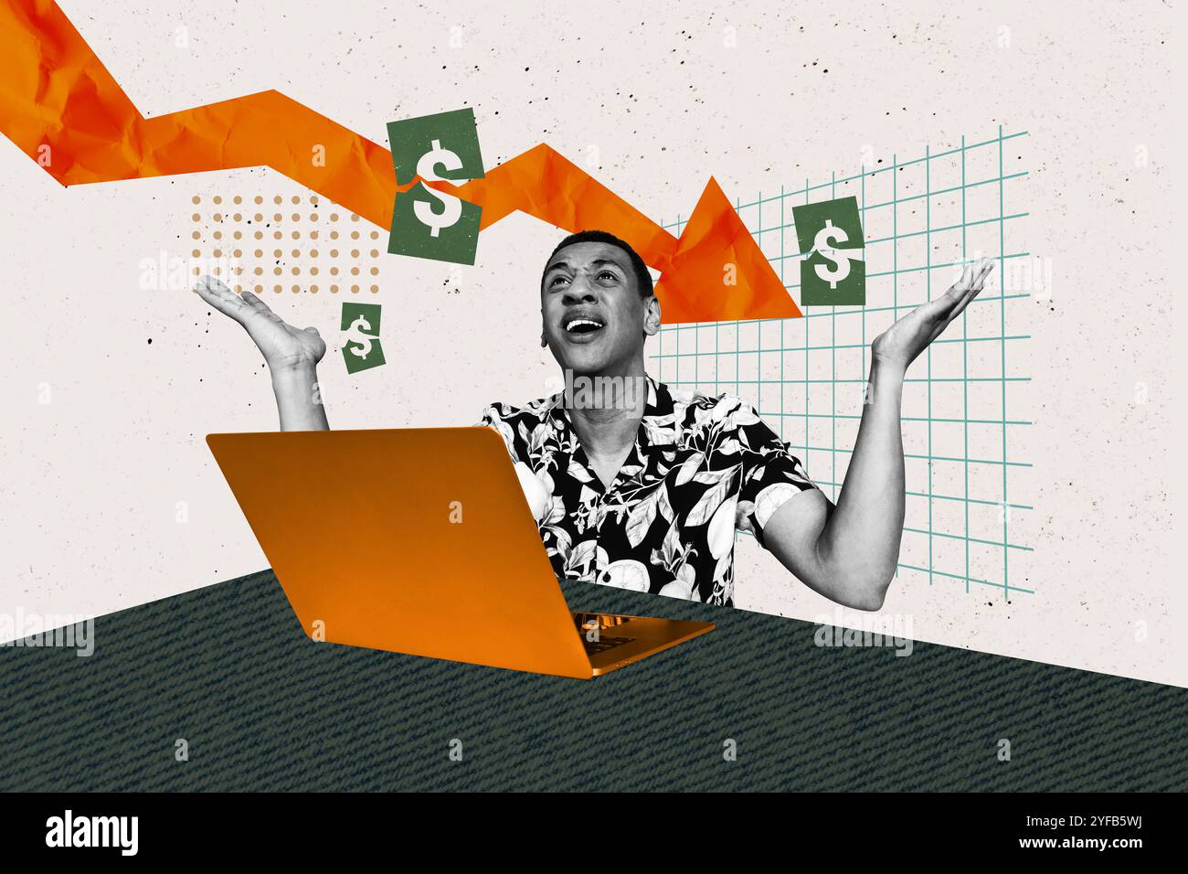 Creative picture collage young frustrated man panic money economy recession inflation arrow ...