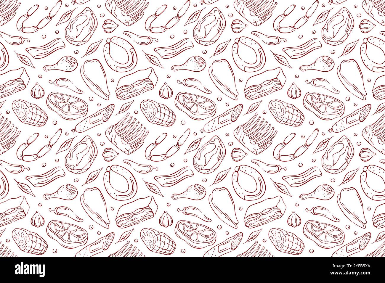 Seamless meat pattern in line art style with various meats on a white ...