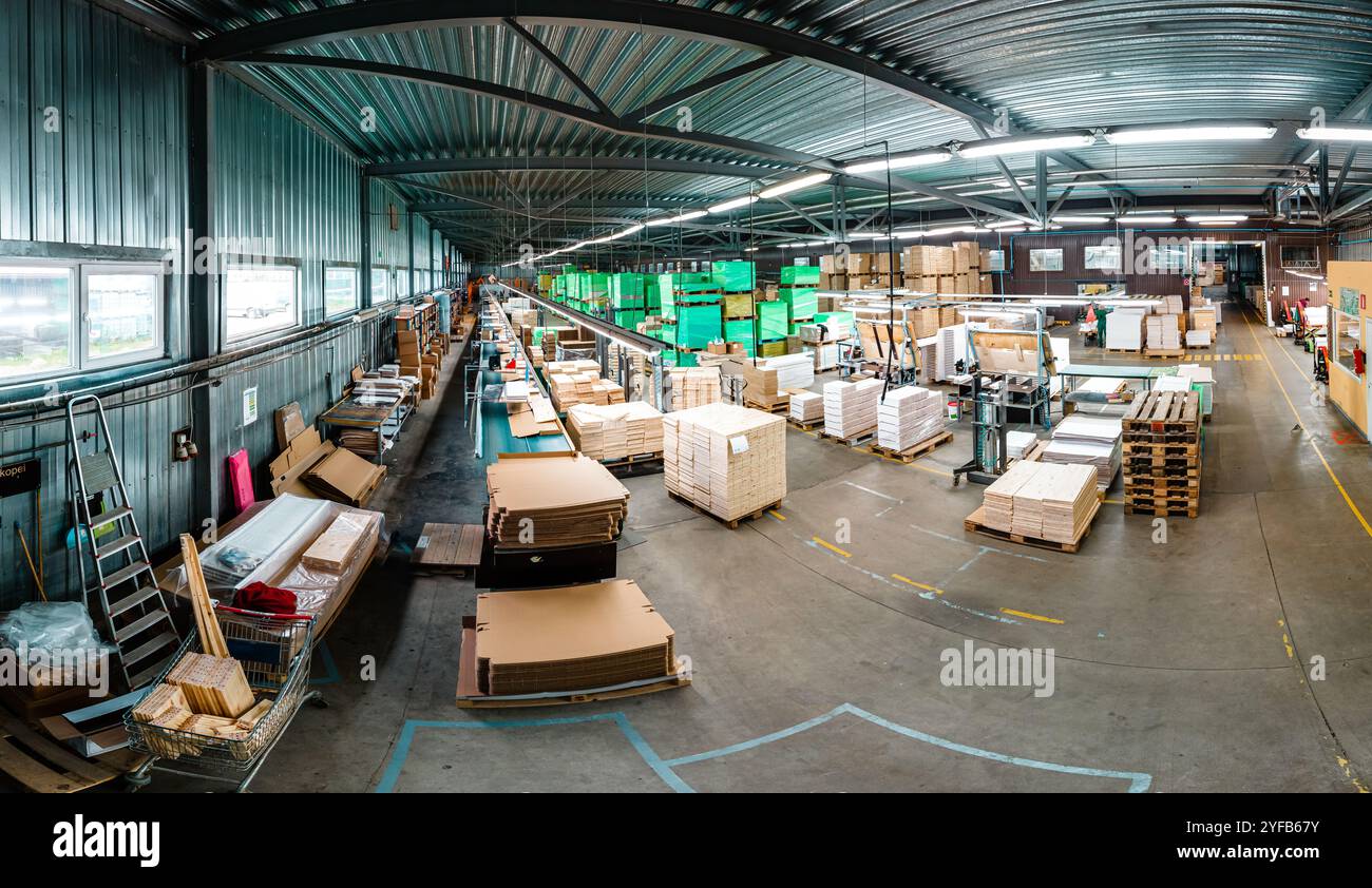 Aerial view of a spacious warehouse with organized pallets, equipment ...