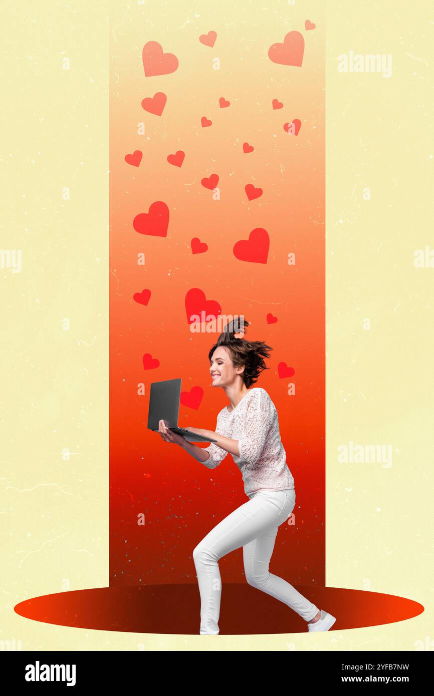 Creative poster collage of running hold laptop funny female fal hearts ...