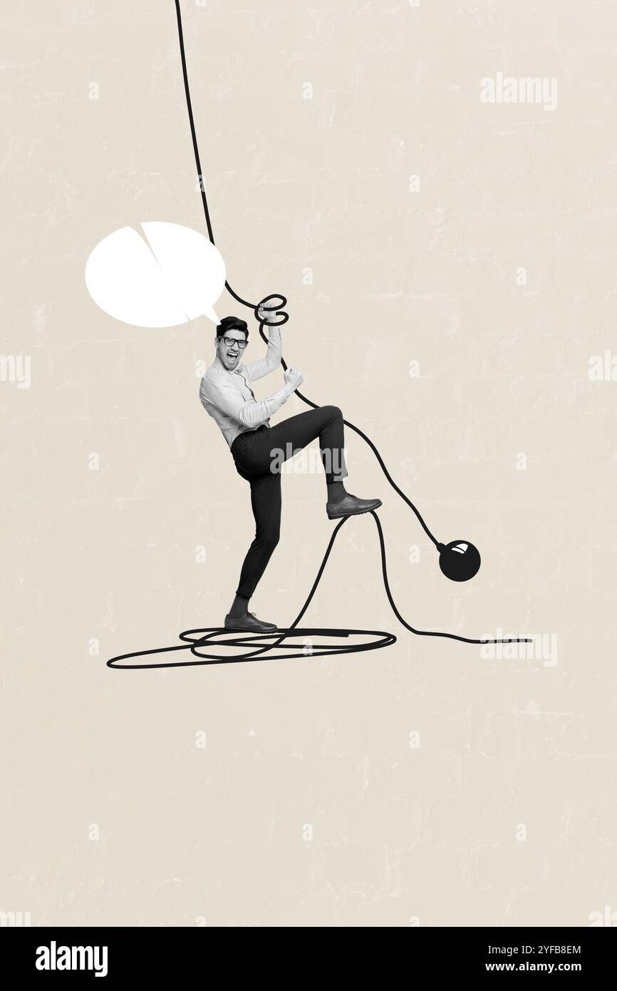 Vertical photo collage of angry man hold rope bomb detonation bubble ...