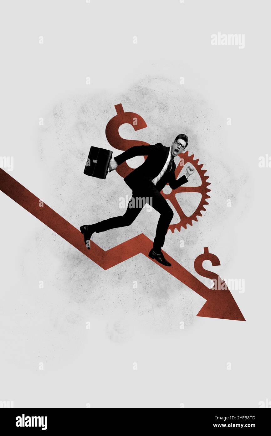 Vertical photo collage of unhappy angry man run recession arrow dollar ...