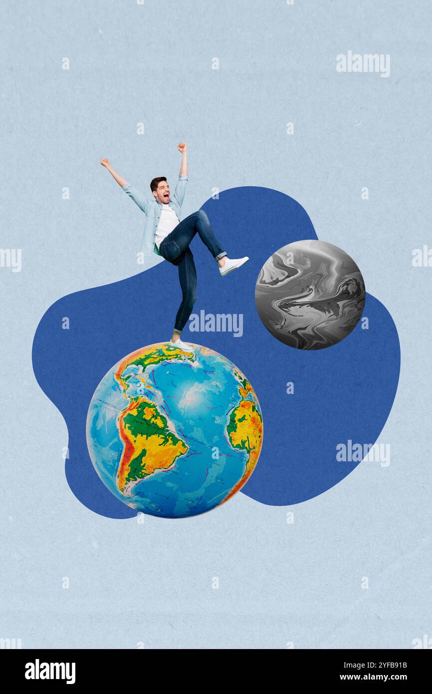 Vertical photo collage of happy man change planet earth moon summer ...