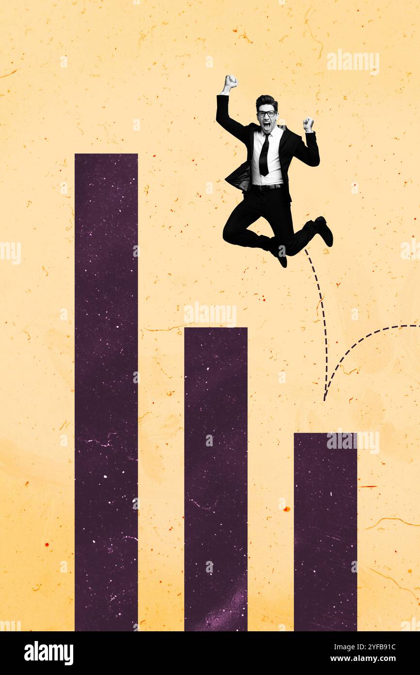 Vertical poster collage young man leadership charts achieve goal ...