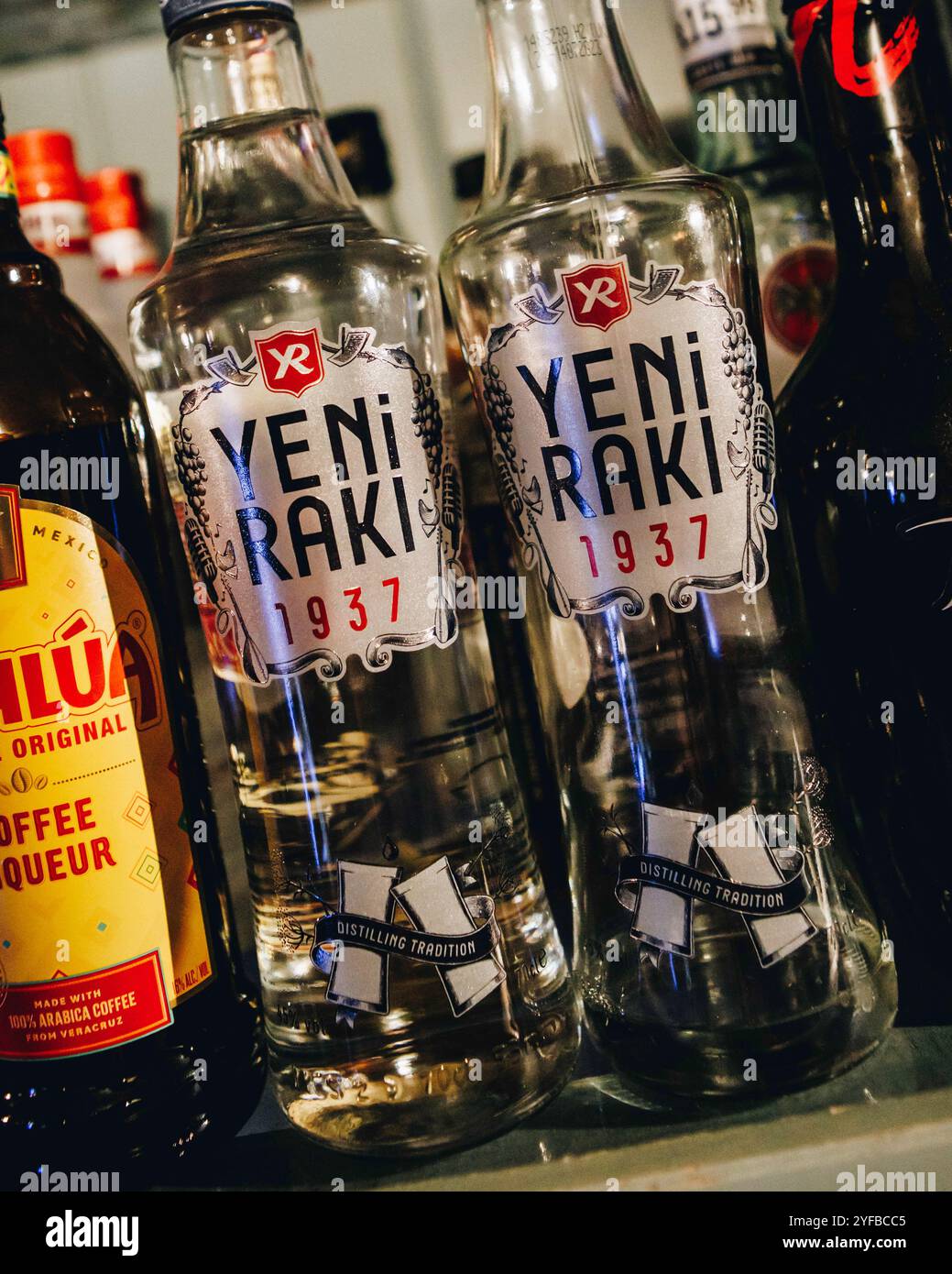 Selection of bottles of alcohol on a shelf in a Turkish restaurant ...