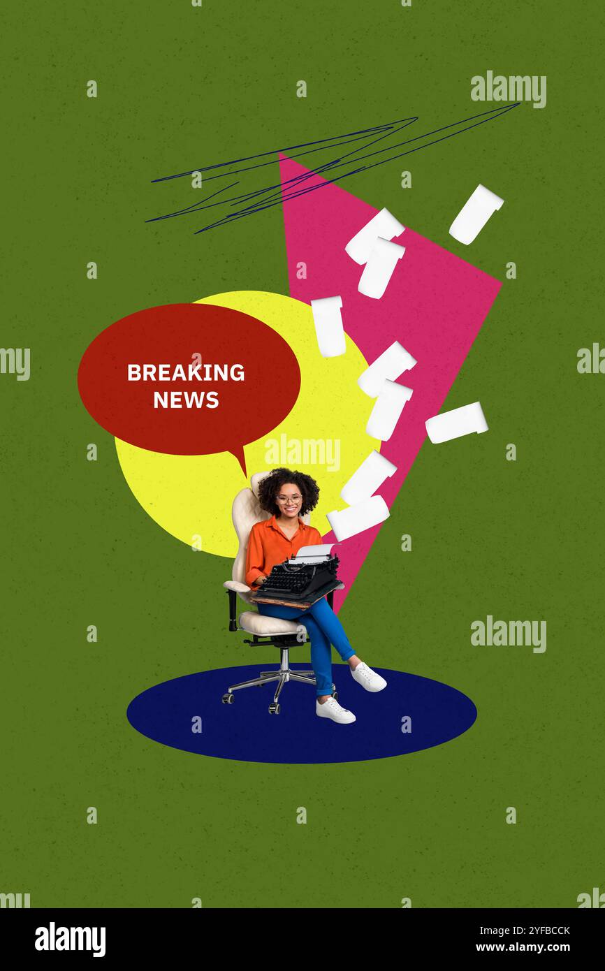 Vertical collage poster young woman office worker typing machine ...