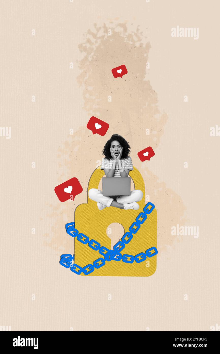 Vertical poster collage young shocked woman blogger social media like ...