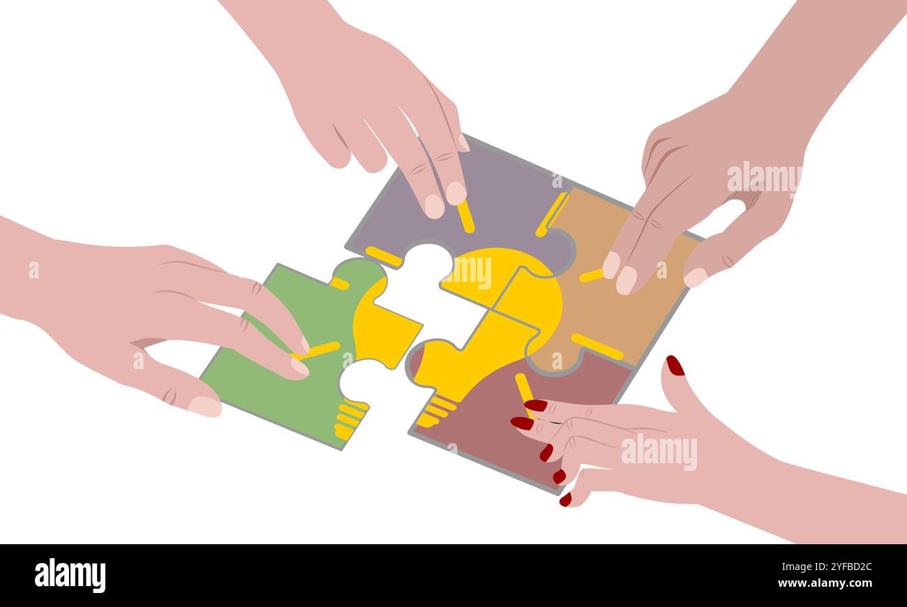 four human hands putting together a puzzle with a light bulb idea icon. teamwork and problem ...