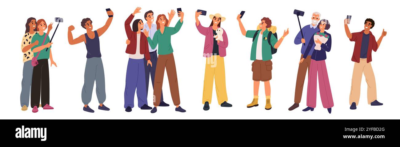 People take selfies. Friends groups. Couples making photos with ...