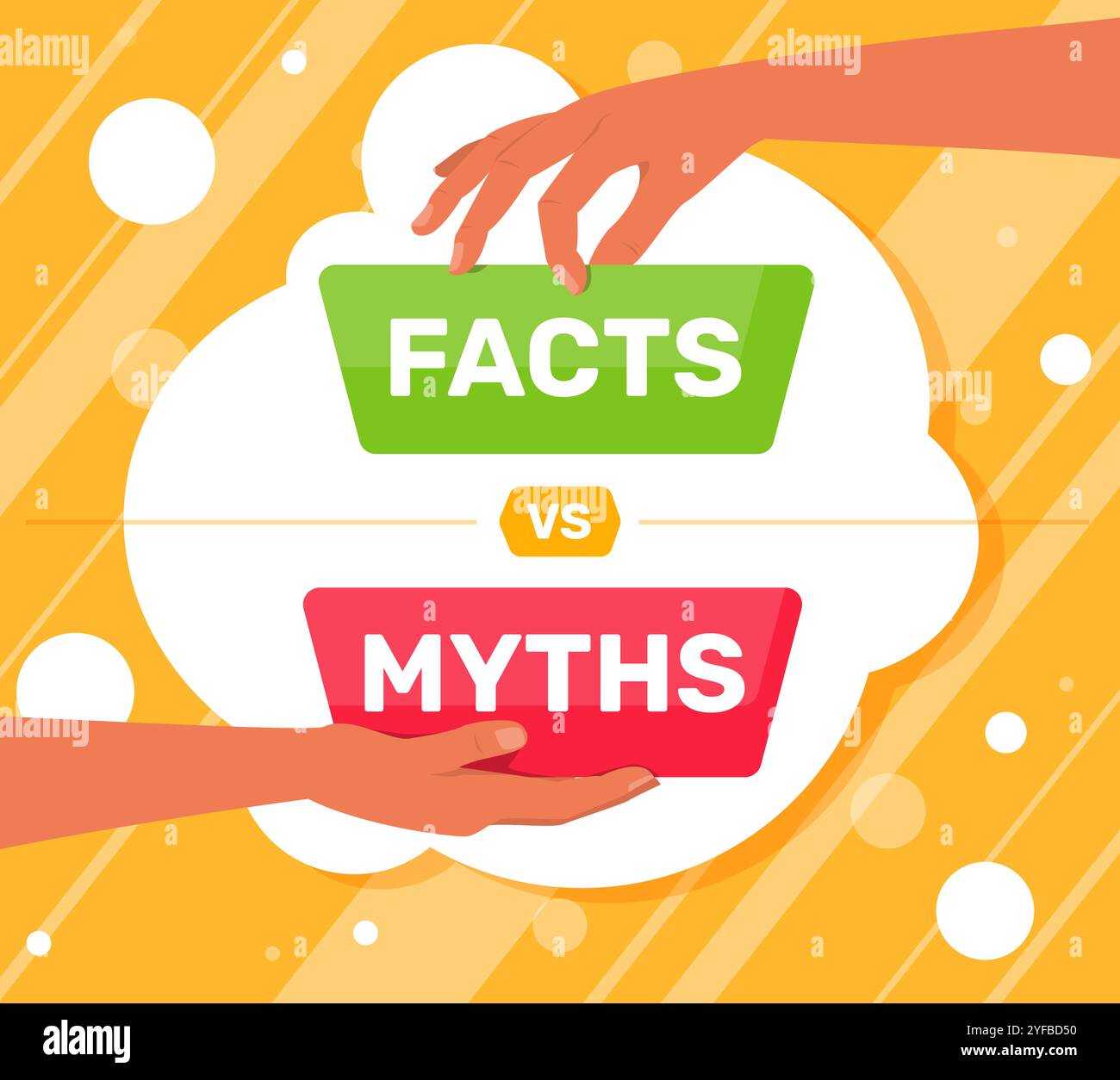 Myths vs facts title. Fiction and truth juxtaposition. Hands holding ...