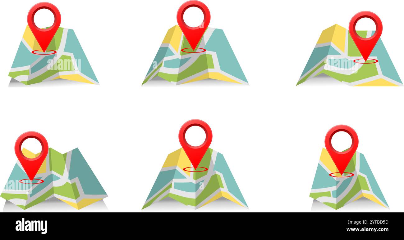 folded map with pin location icon set vector illustration isolated on white background Stock ...