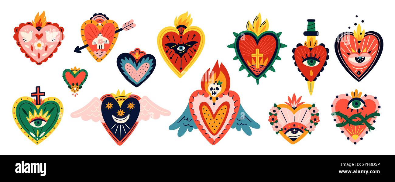 Sacred Mexican hearts. Traditional memorial symbols. Holy spiritual ...