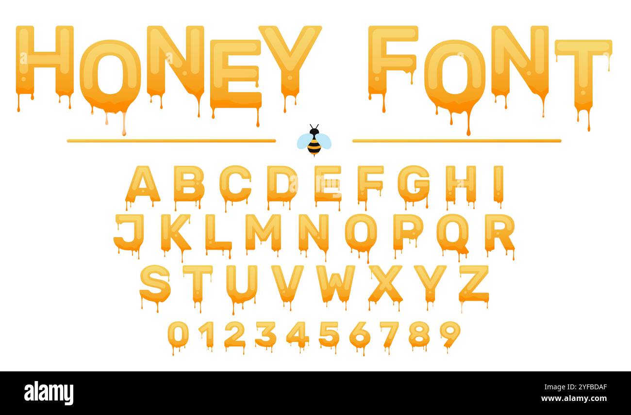 Honey font with drips and drops. Sweet viscous liquid. Melting letters ...