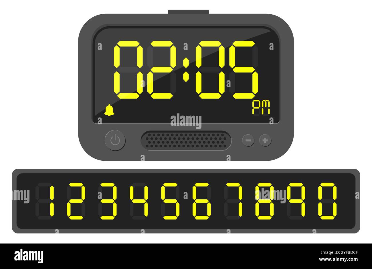 Digital clock yellow numbers. Electronic alarm watch display. Glowing ...