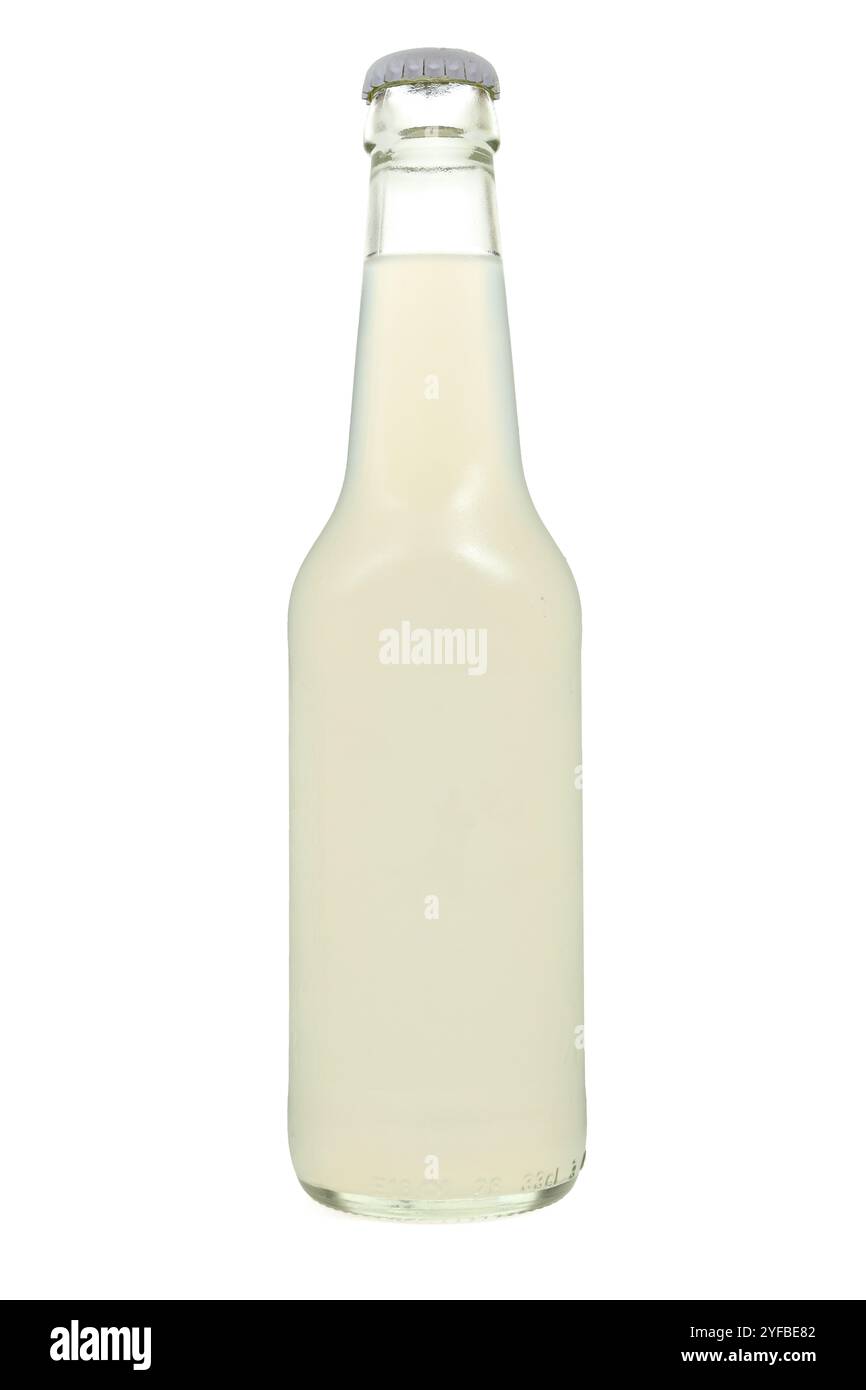 White liquid juice in closed blank glass bottle isolated on white ...