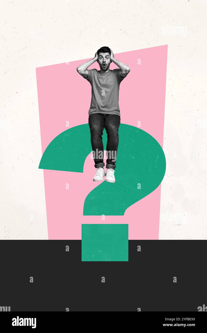 Vertical photo collage of astonished guy sit question mark sign dilemma ...