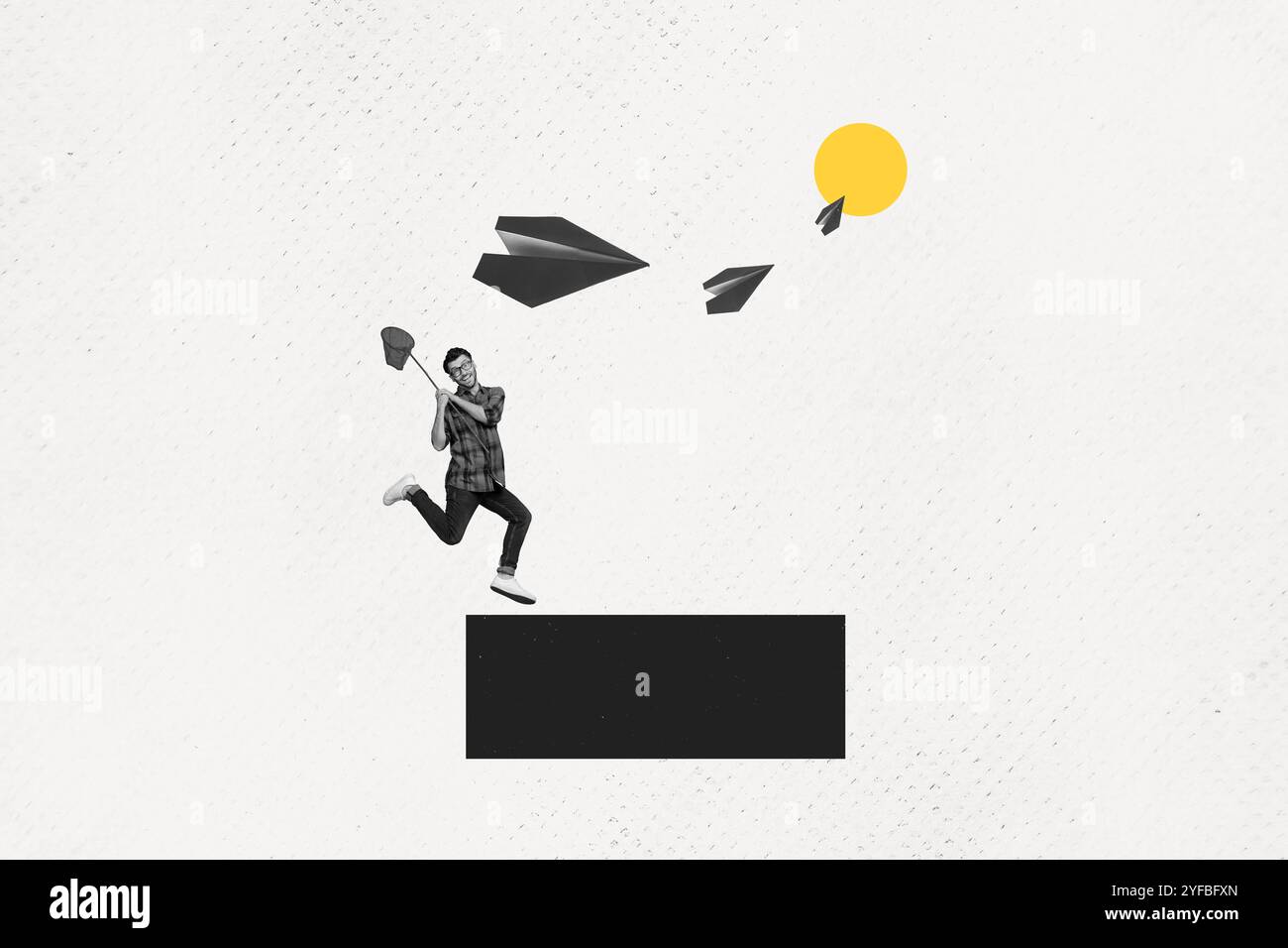 Collage photo of funky running crazy man catching butterfly net summer ...