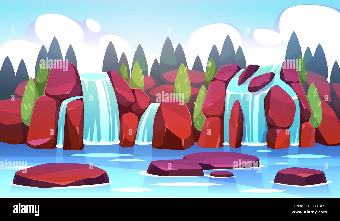 Lake rocky shore with waterfalls. Picturesque mountain landscape with ...