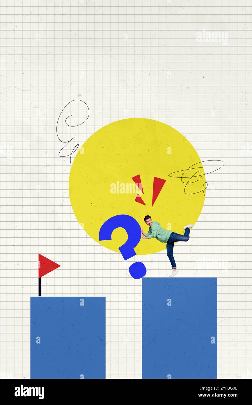 Vertical poster collage young man overcome abyss platforms achieve goal ...