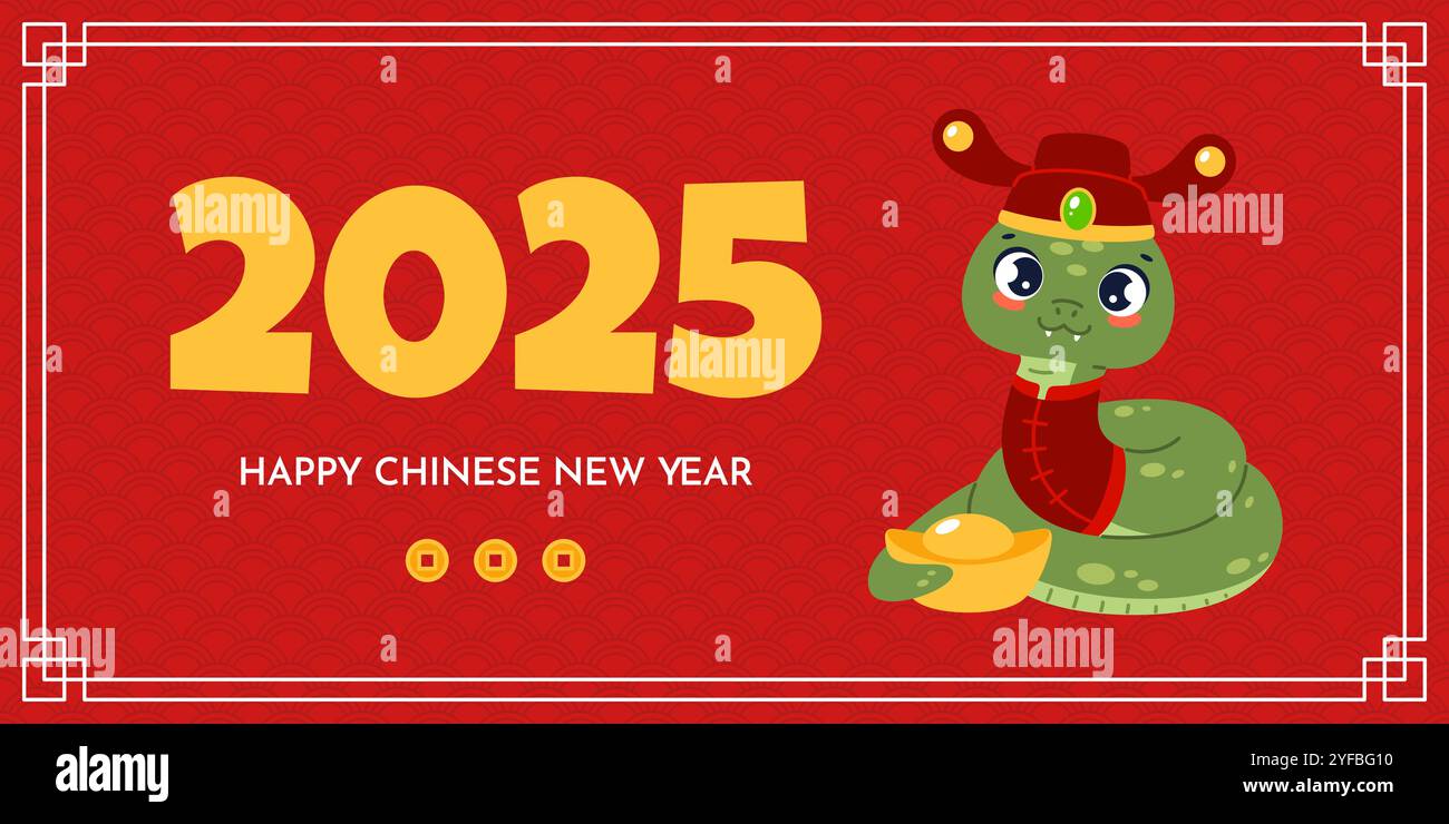 Funny new year snake. Holiday 2025 greeting card, horizontal banner ...
